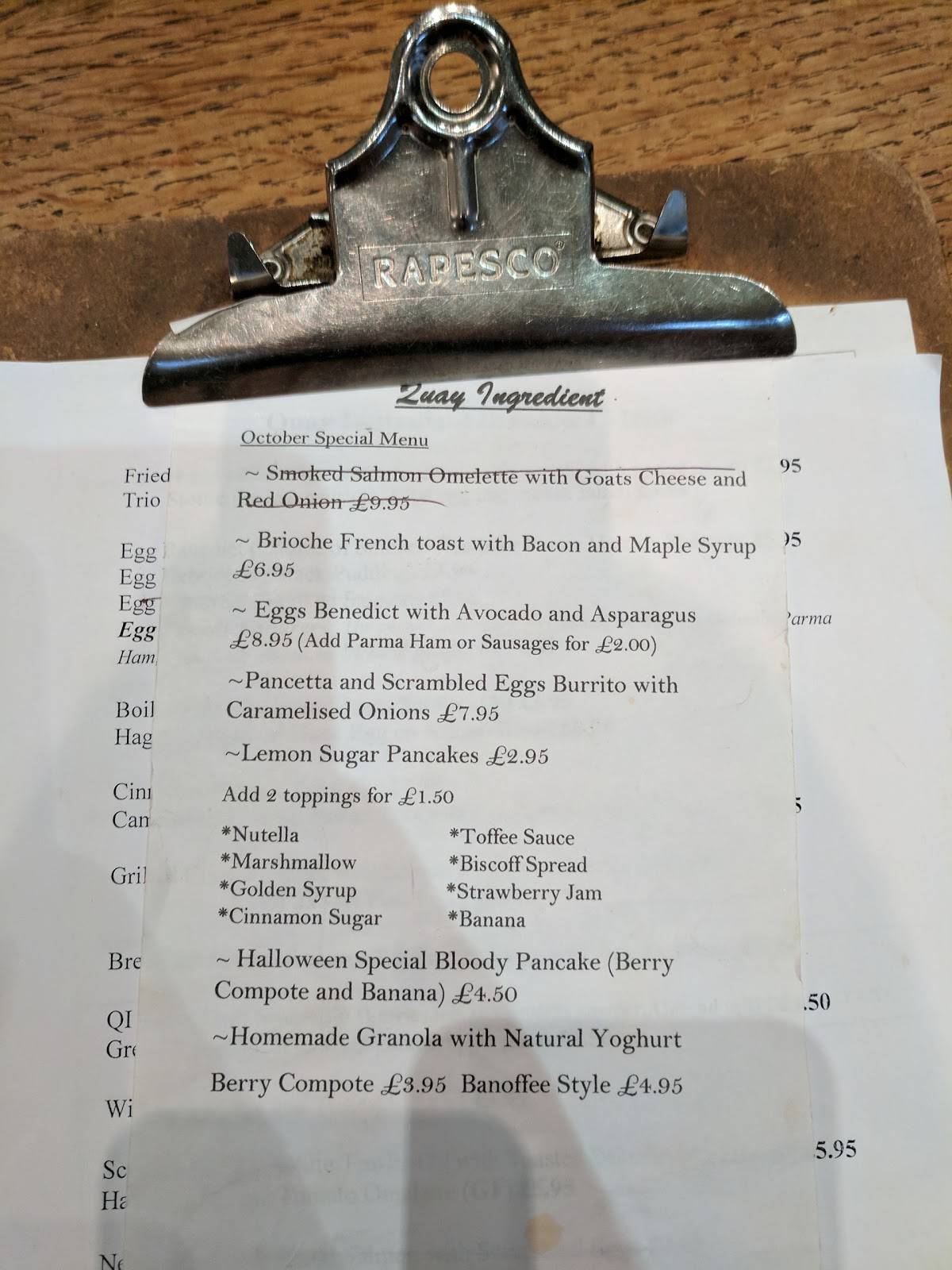 Menu at Quay Ingredient cafe, Newcastle upon Tyne