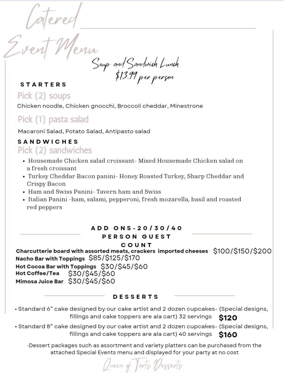Carta de Queen of Tarts Desserts, Archbald