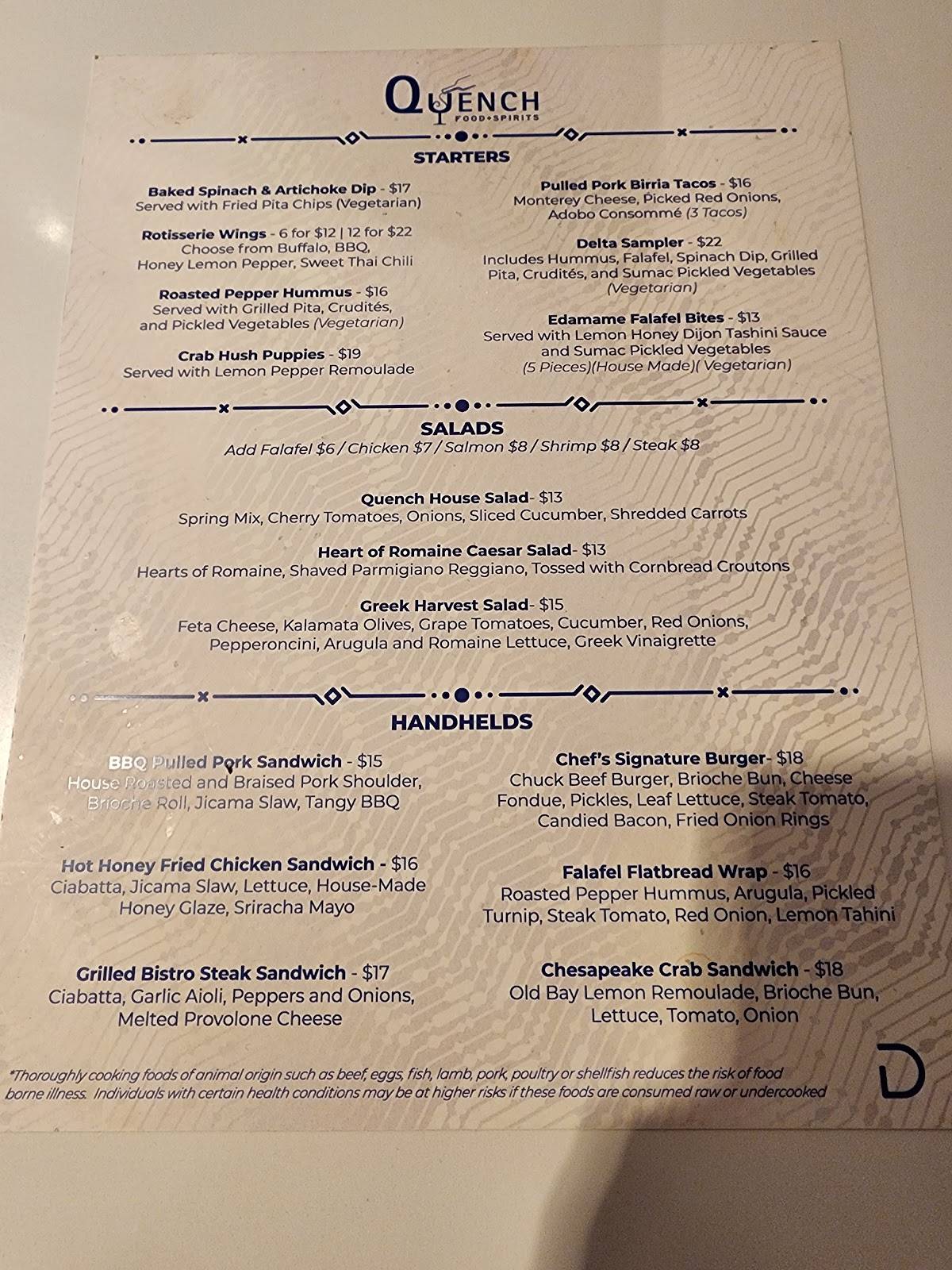 Menu at Quench Food + Spirits restaurant, Richmond