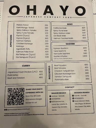 Menu at Ohayo Banawe Japanese Comfort Food restaurant, Quezon City