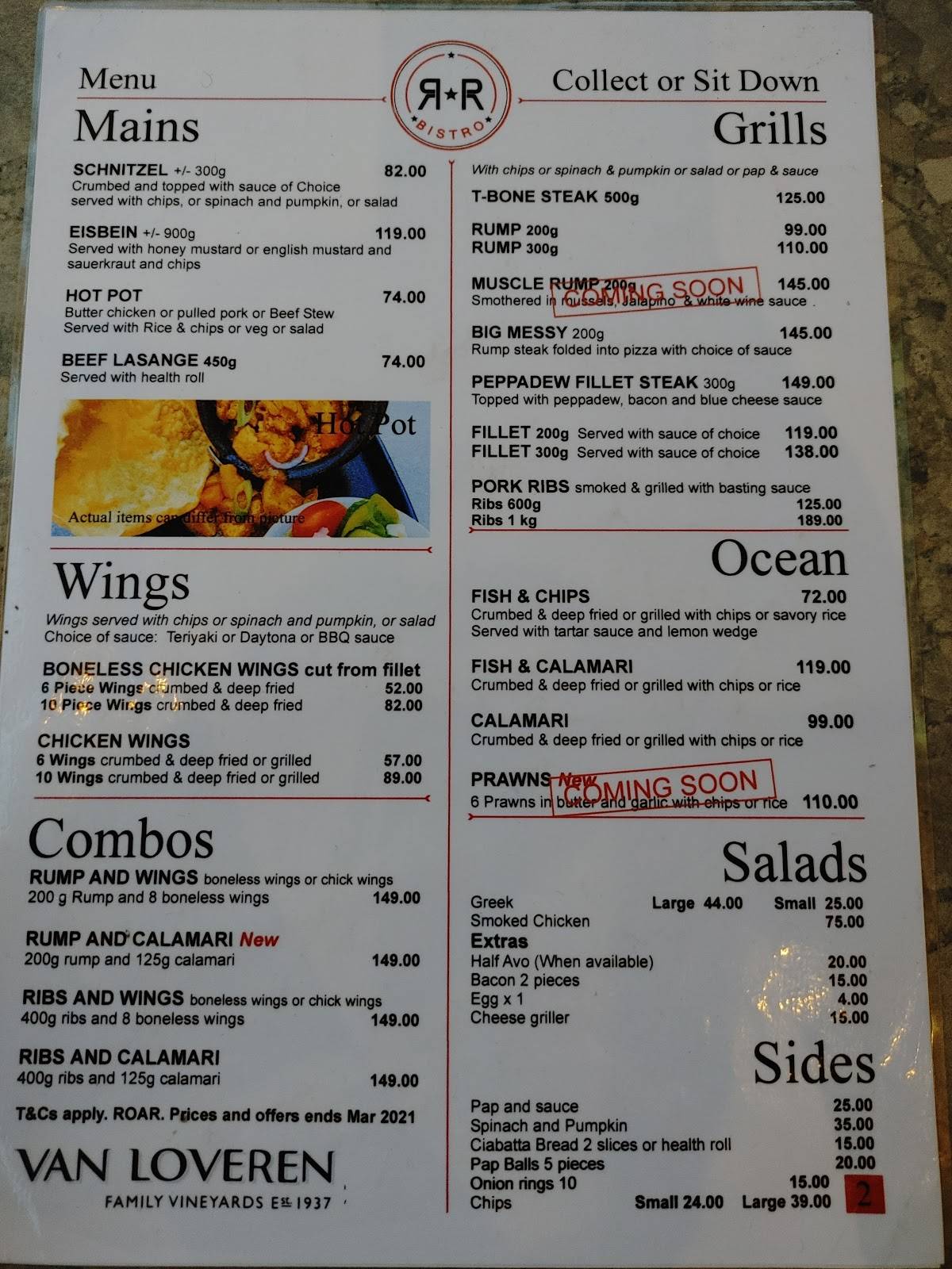 Menu at R&R Bistro restaurant, Pretoria, CNR Nico Smith St