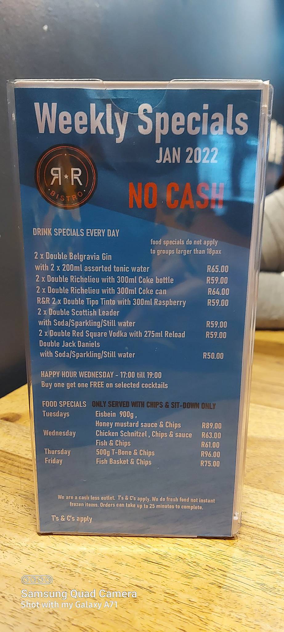 Menu at R&R Bistro restaurant, Pretoria, CNR Nico Smith St
