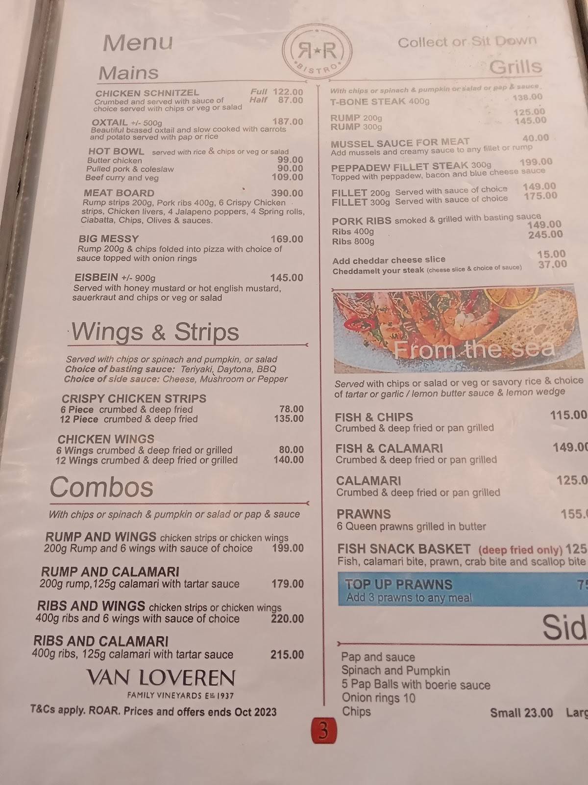 Menu at R&R Bistro restaurant, Pretoria, CNR Nico Smith St