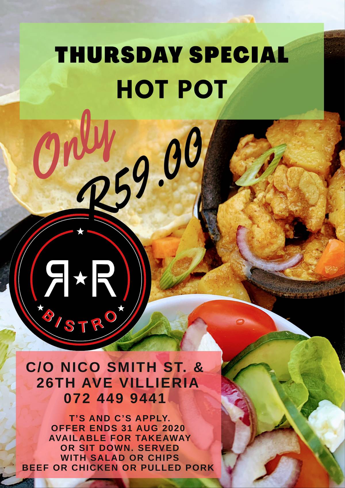 Menu at R&R Bistro restaurant, Pretoria, CNR Nico Smith St