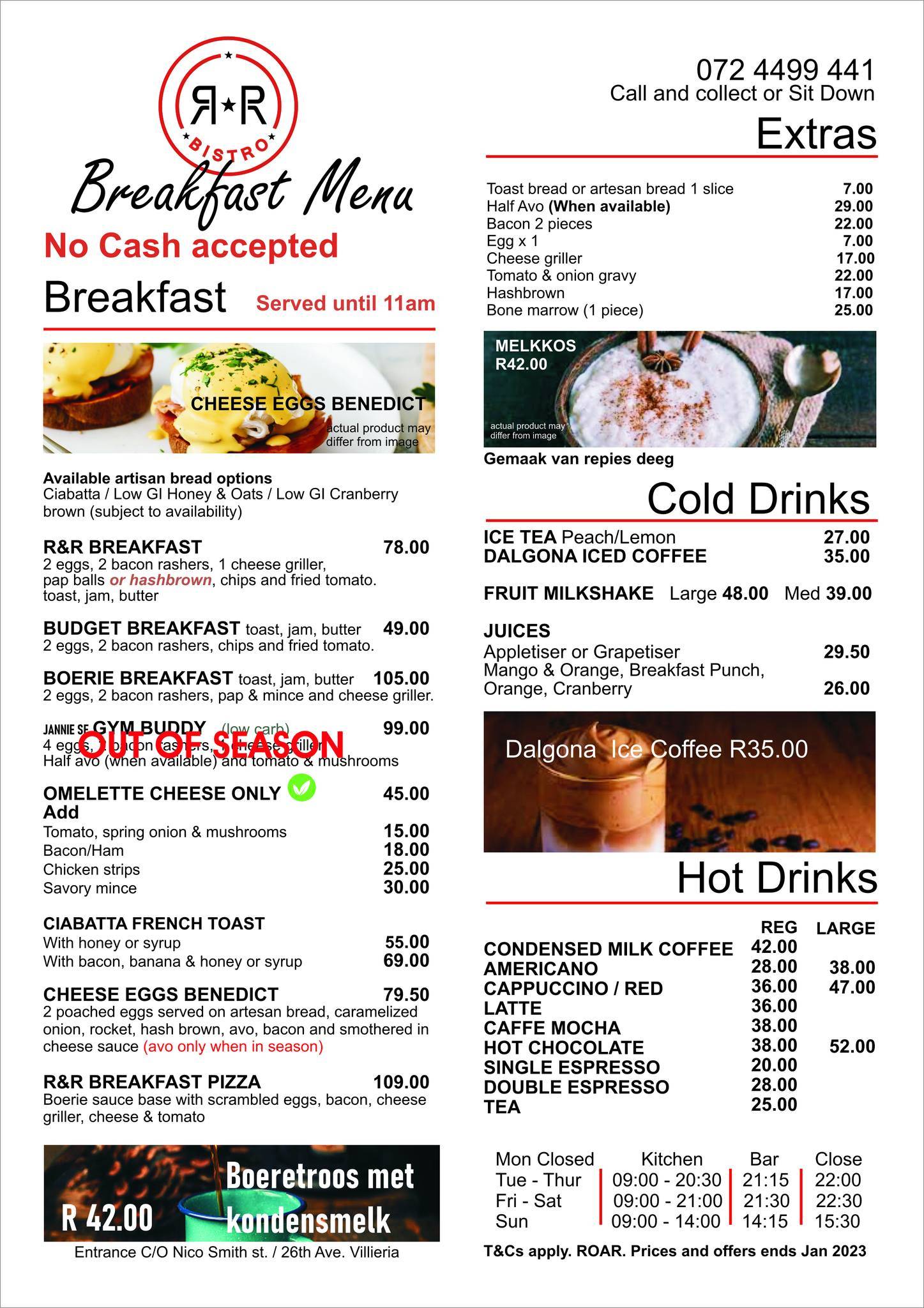 Menu at R&R Bistro restaurant, Pretoria, CNR Nico Smith St