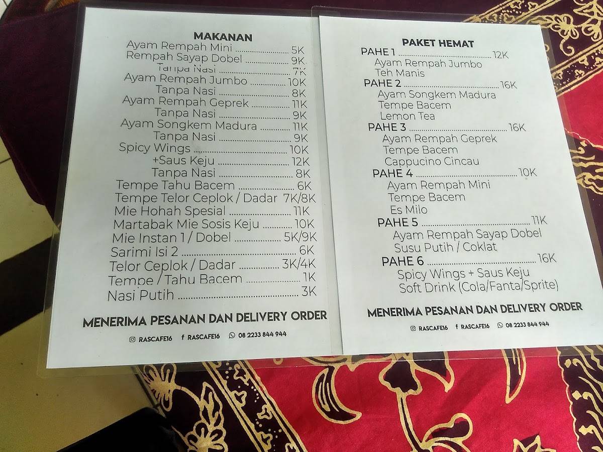 Carta de RAS Coffee & RASQUDAPAN, Mulyoarjo, Jl. Thamrin No.18