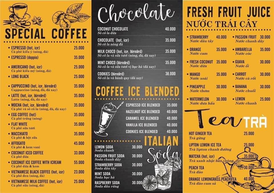 Menu at RAWCOCO COFFEE cafe, Hoi An, 83 Phan Chu Trinh