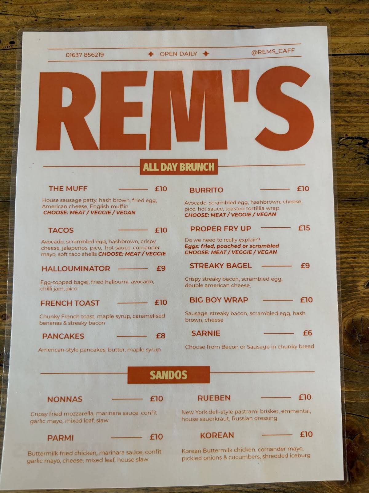 Menu at REMS CAFF restaurant, Newquay