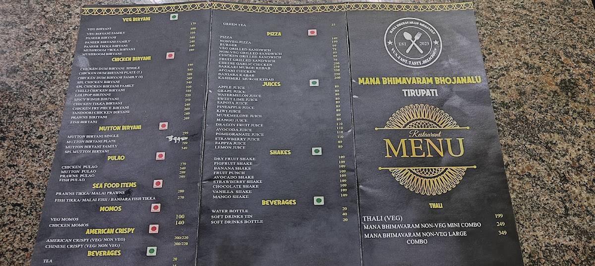 Menu at RK vari Bhimavaram Ruchulu, Tirupati