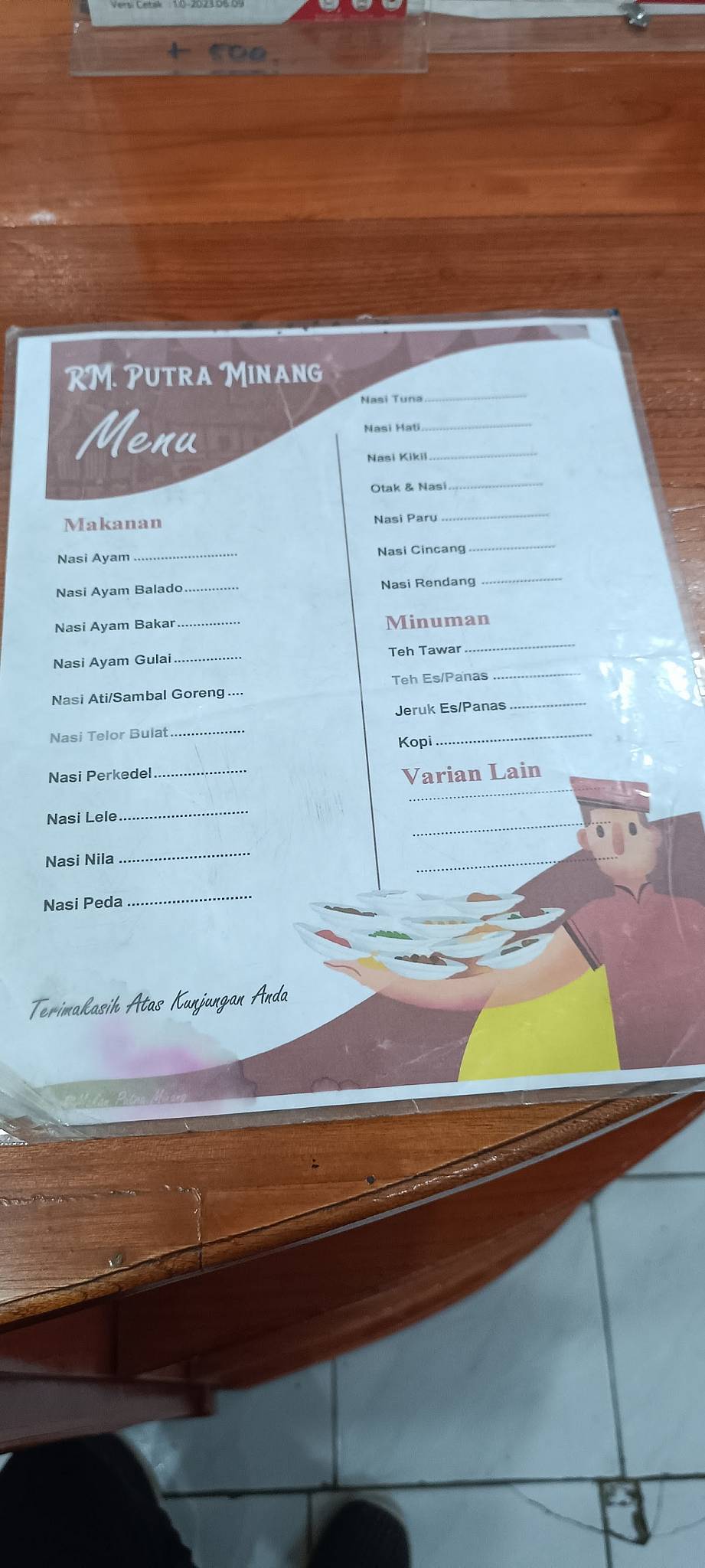 Carta del restaurante RM Putra Minang, Pembataan