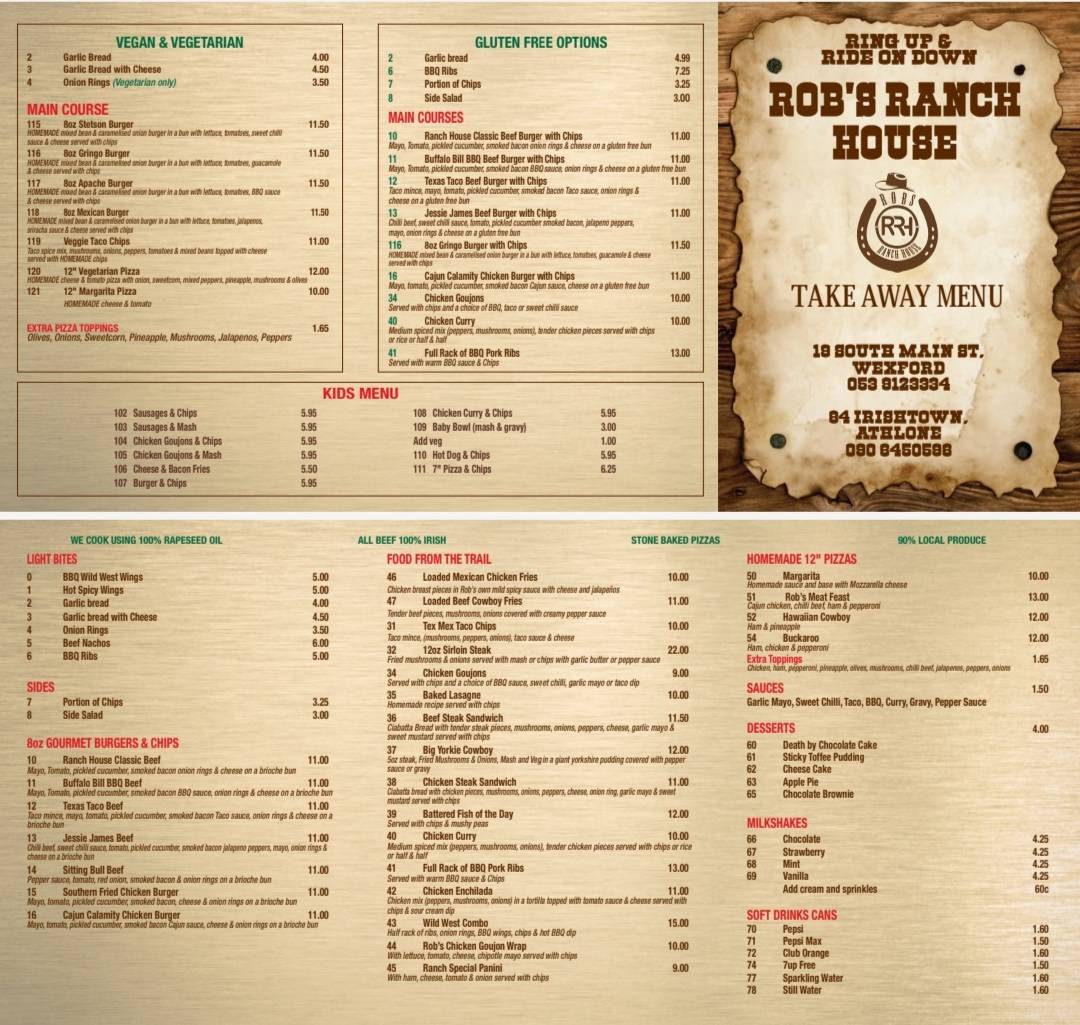 Carta del restaurante Rob's Ranch House, Athlone