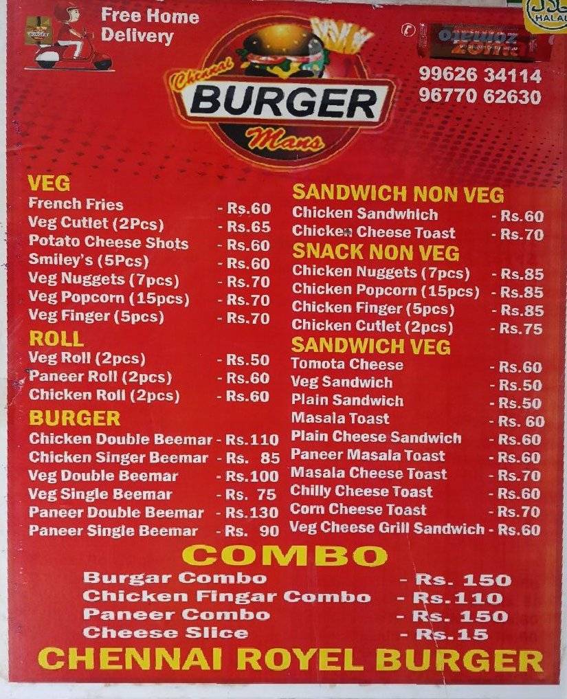 Menu at ROYAL BURGER, Chennai