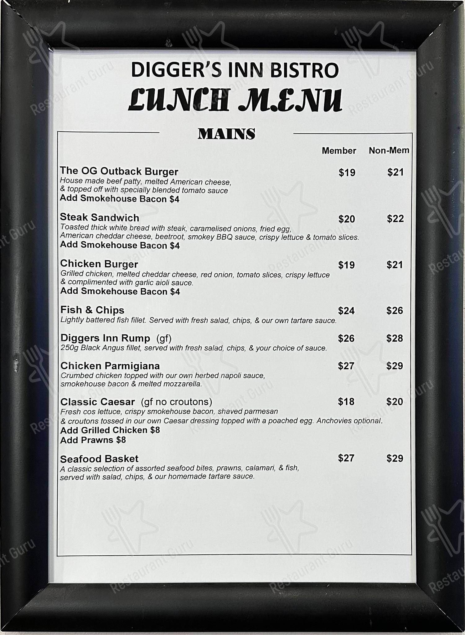 Menu at RSL Bistro restaurant, Longreach