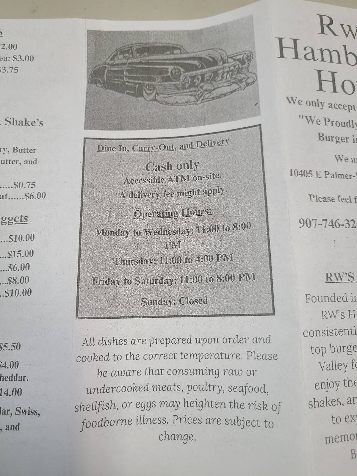 Menu at RW'S Hamburger House restaurant, Palmer, E Palmer-Wasilla Hwy