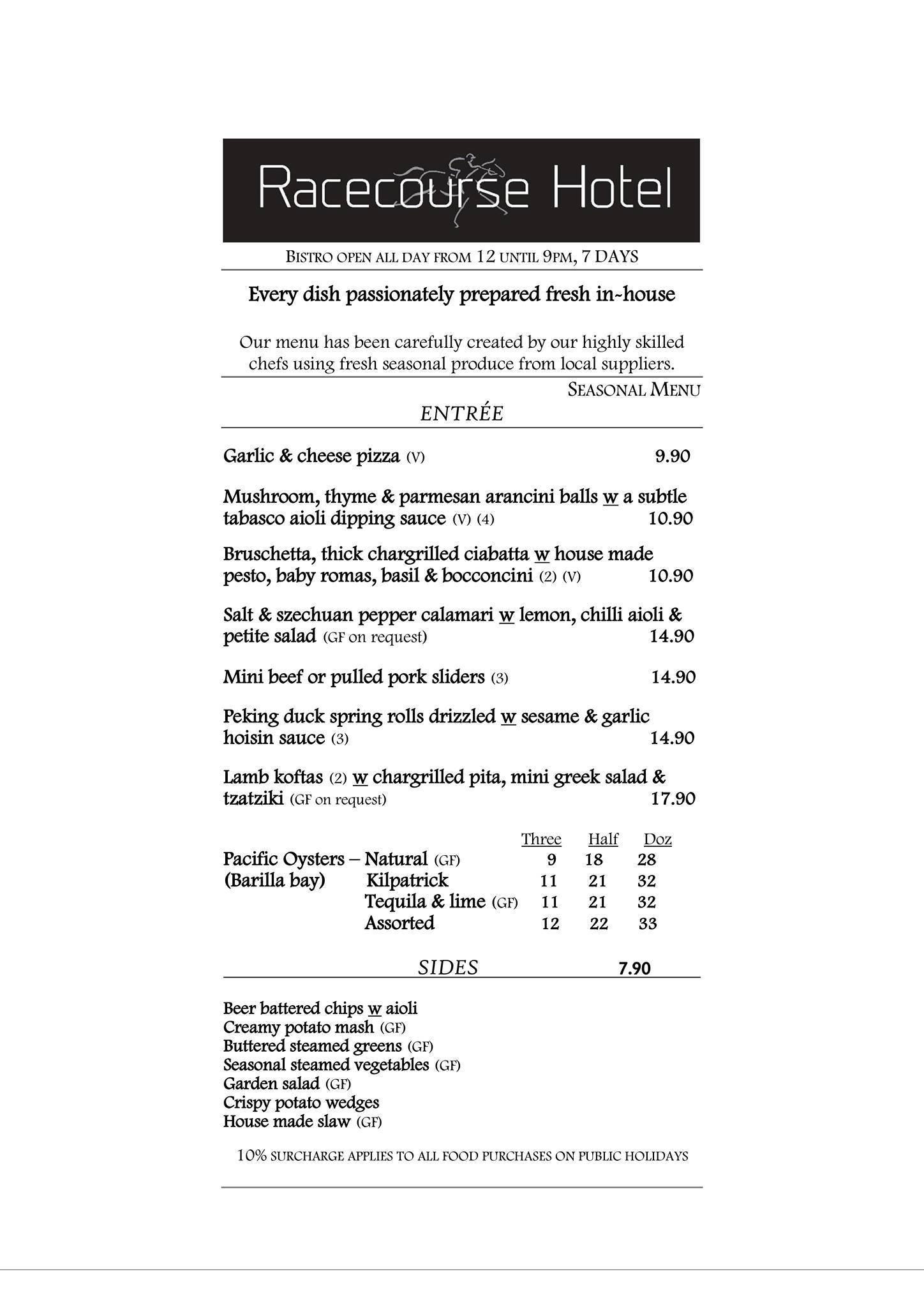 Menu at Racecourse Hotel restaurant, Malvern East