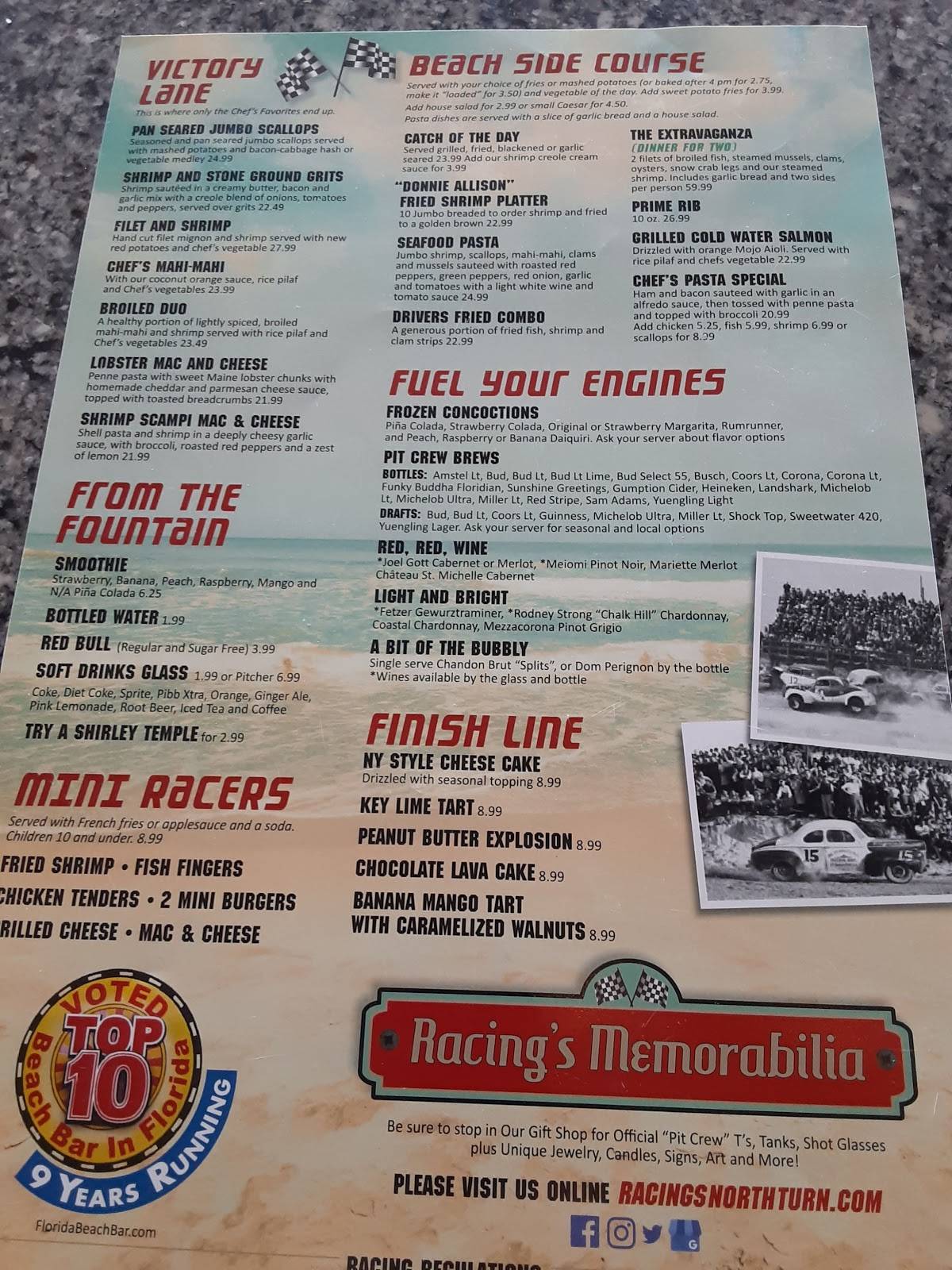 Menu at Racing's North Turn restaurant, Ponce Inlet