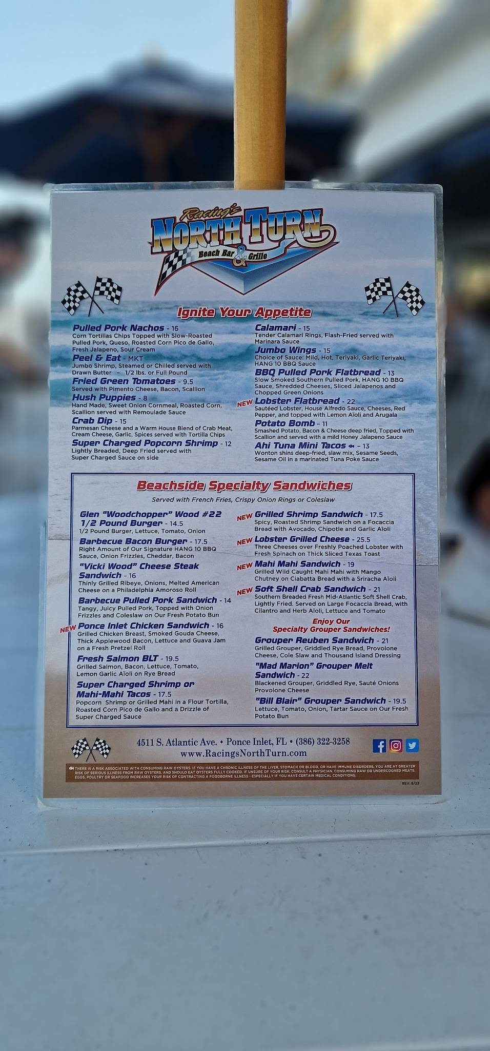 Menu at Racing's North Turn restaurant, Ponce Inlet