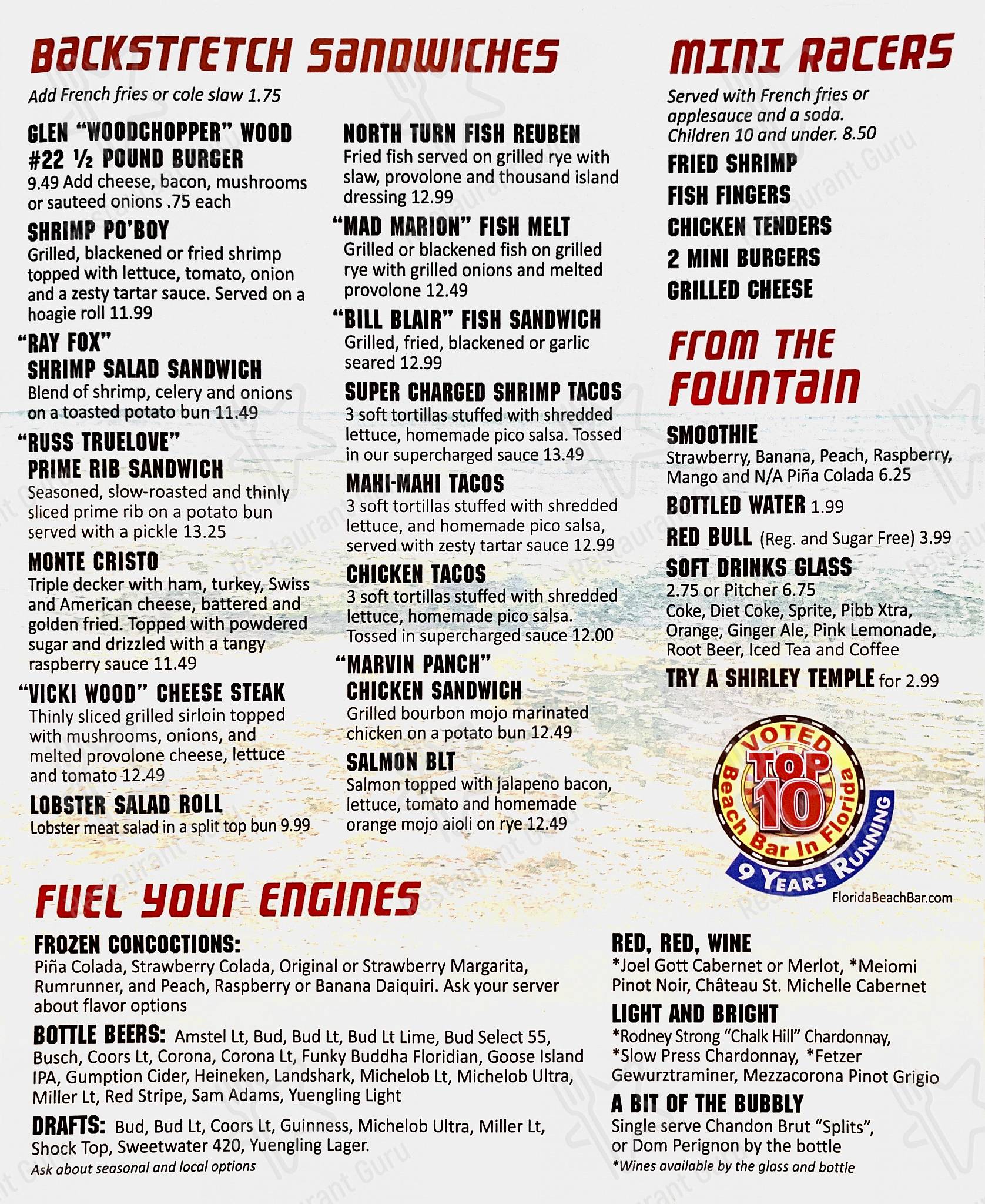 Menu at Racing's North Turn restaurant, Ponce Inlet