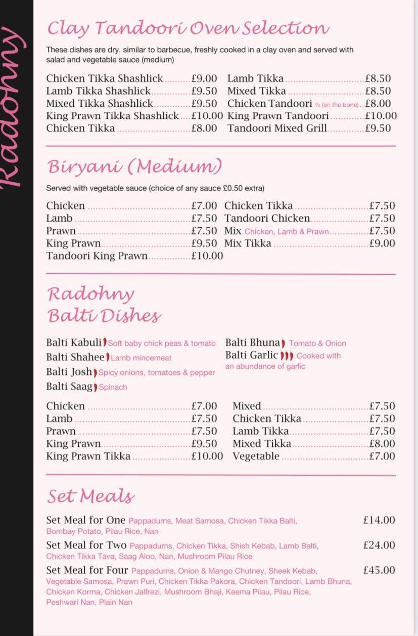 Menu at Radohny Indian Takeaway fast food, Preston