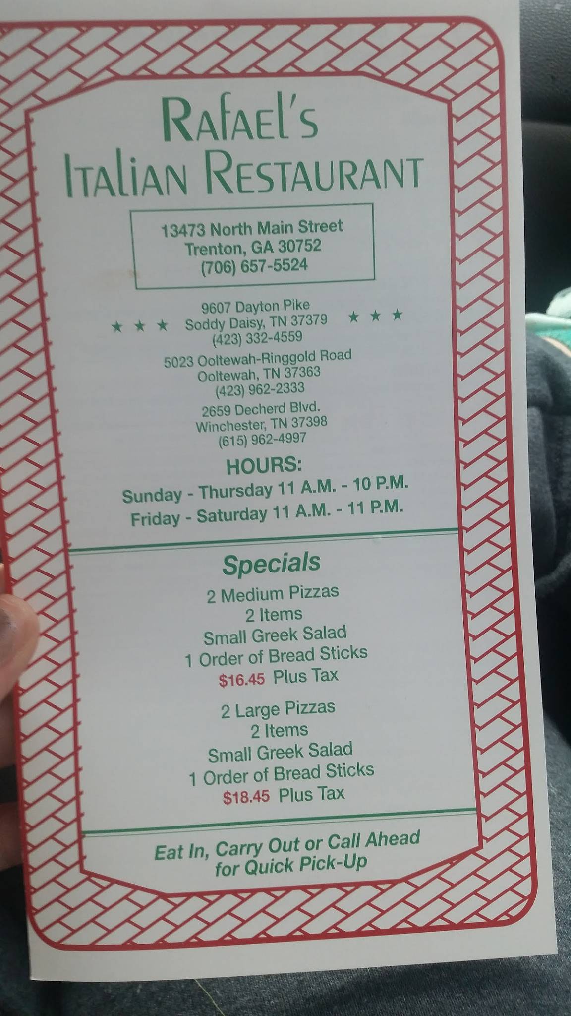 Menu at Rafael's Italian Restaurant, Trenton