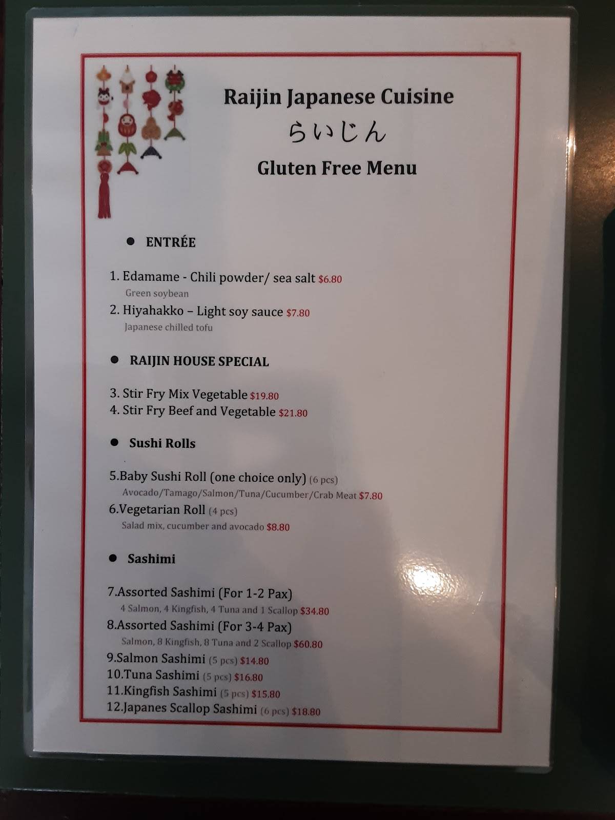 Menu at Raijin restaurant, McKellar