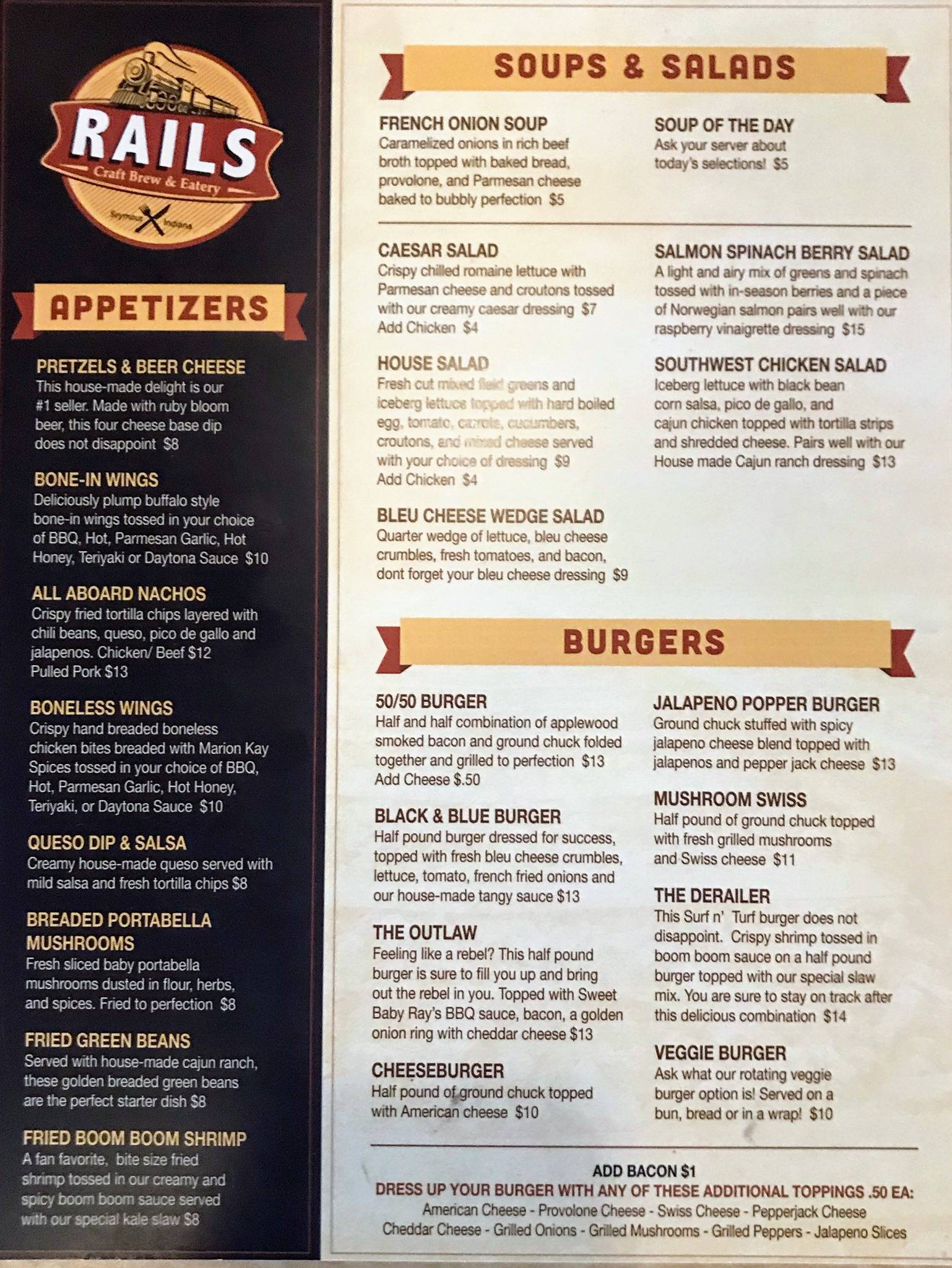 Menu at Rails Craft Brew & Eatery pub & bar, Seymour