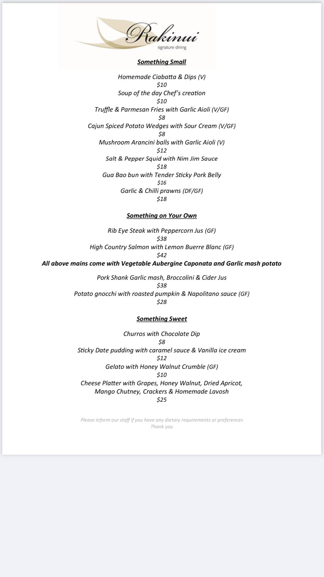 Menu at Rakinui Restaurant & Bar, Lake Tekapo
