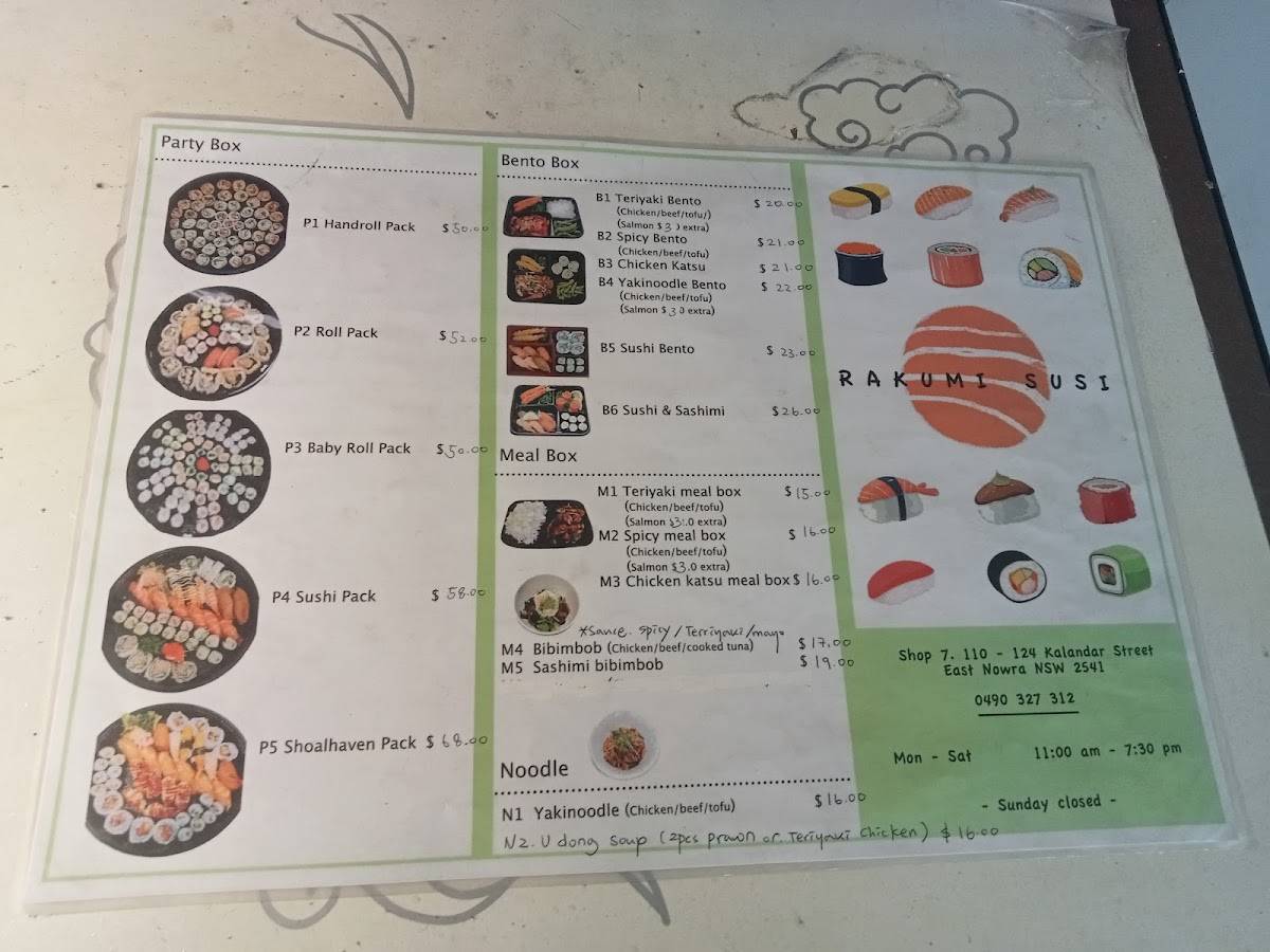 Menu at Rakumi Sushi restaurant, Nowra