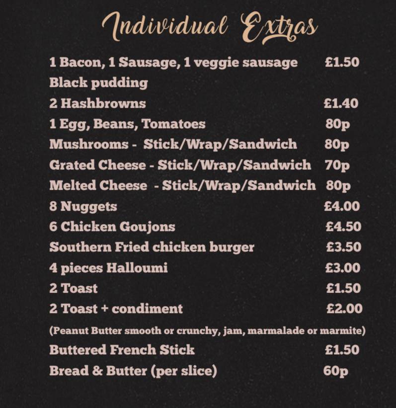 Menu at Ralphies cafe, Rayleigh
