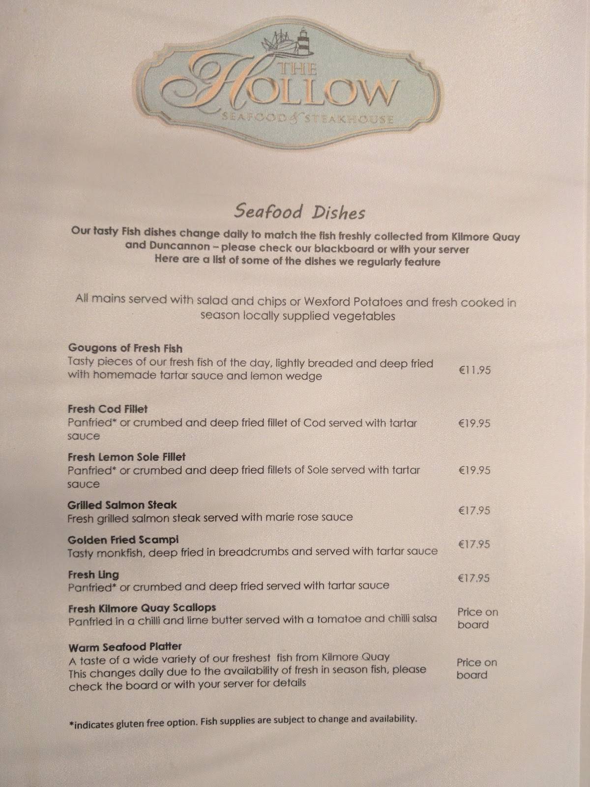 Carta de The Hollow Bar and Seafood Restaurant, Ramsgrange, The hollow
