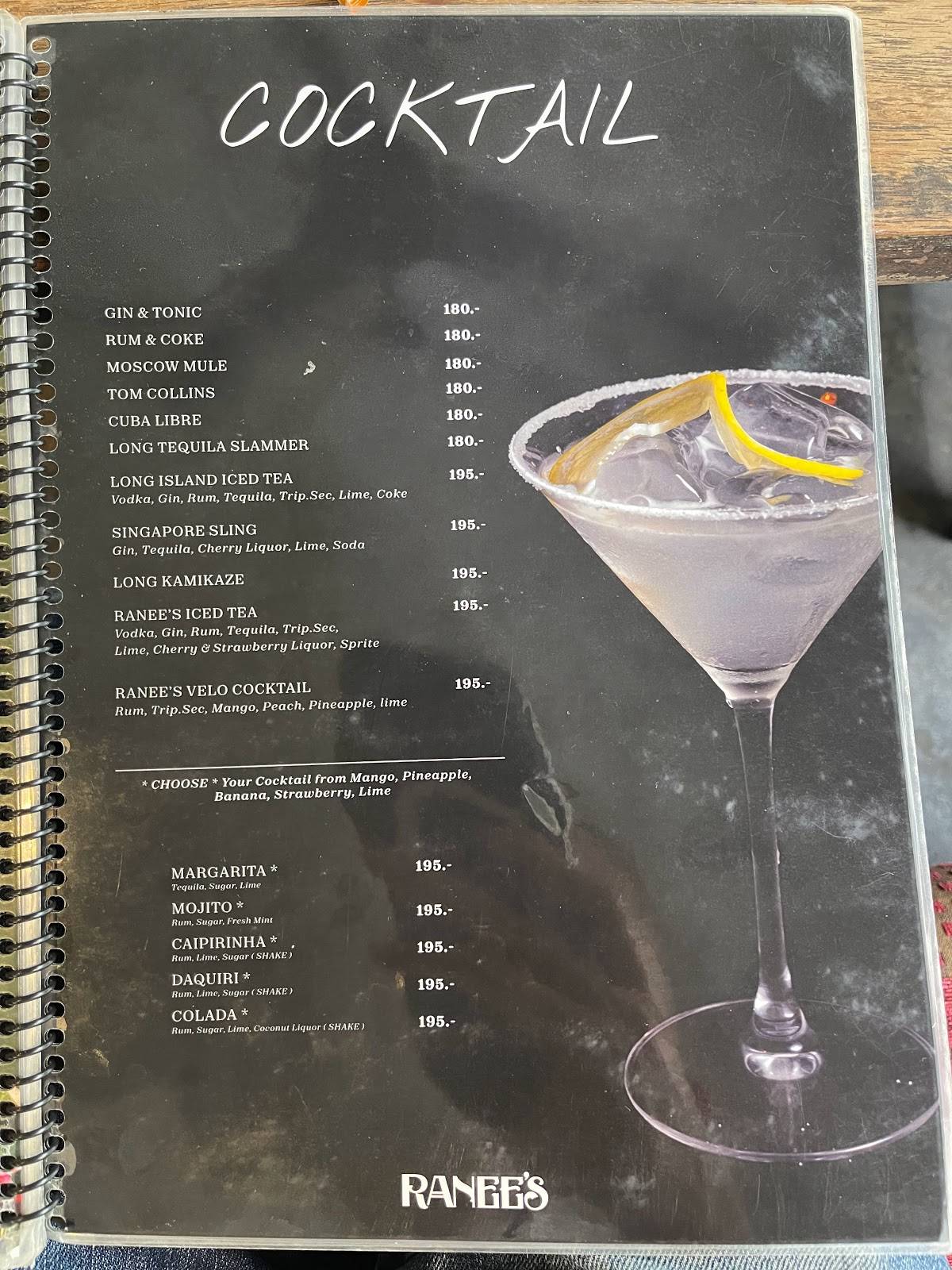 Menu at Ranee's restaurant, Bangkok, 15 Mayom