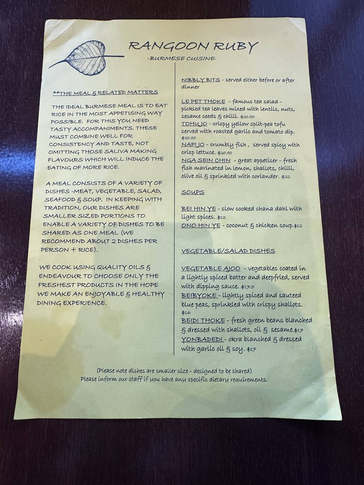 Menu at Rangoon Ruby Christchurch New Zealand restaurant, Christchurch