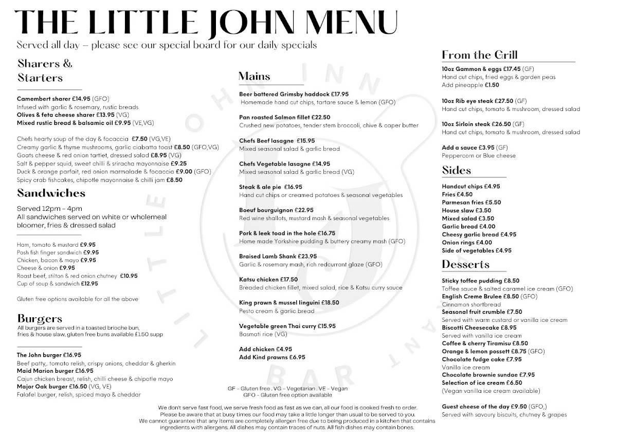 Menu at Little John Inn pub & bar, Ravenshead