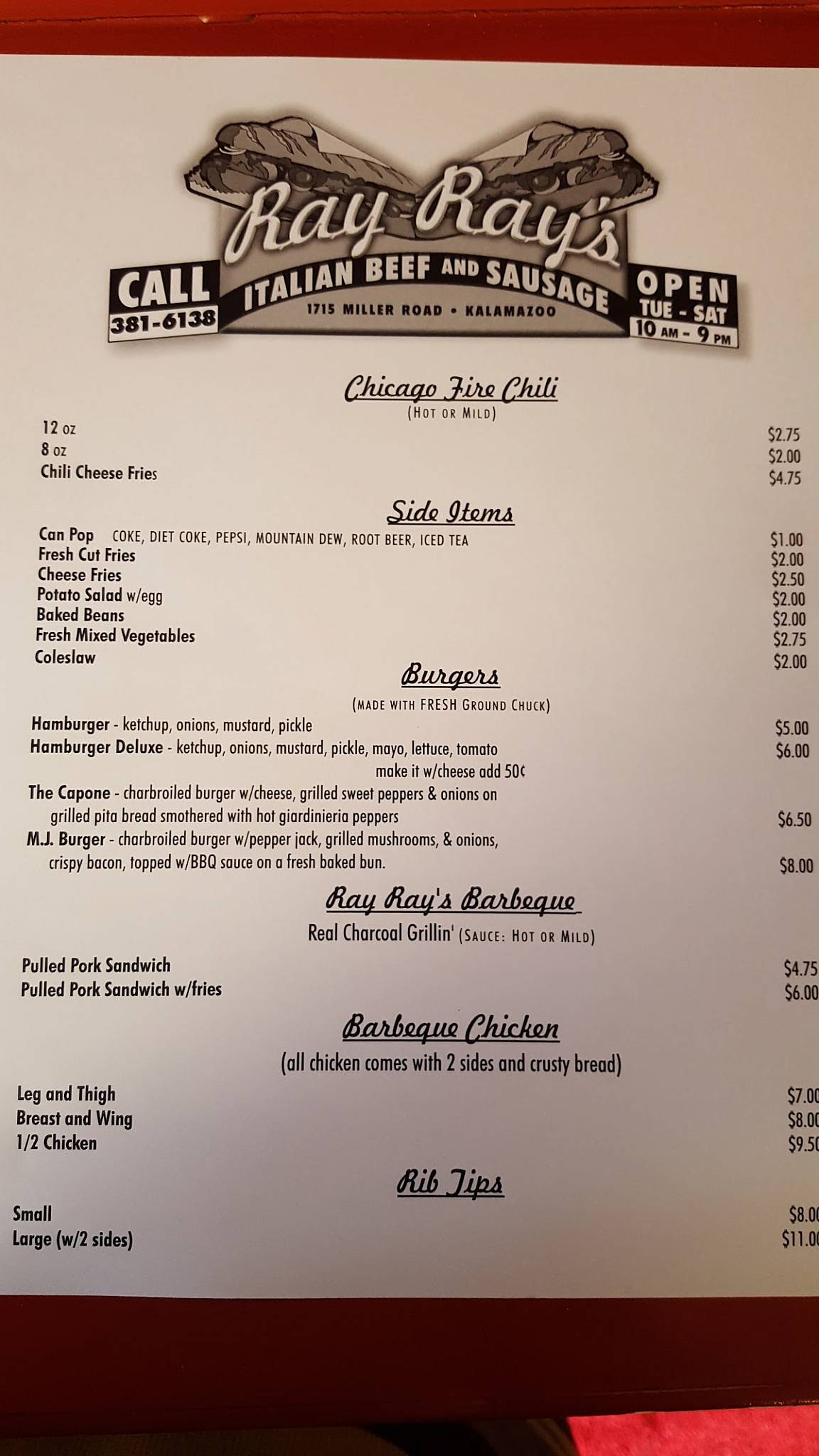 Menu at Ray Ray's Italian Beef & Sausage BBQ, Kalamazoo