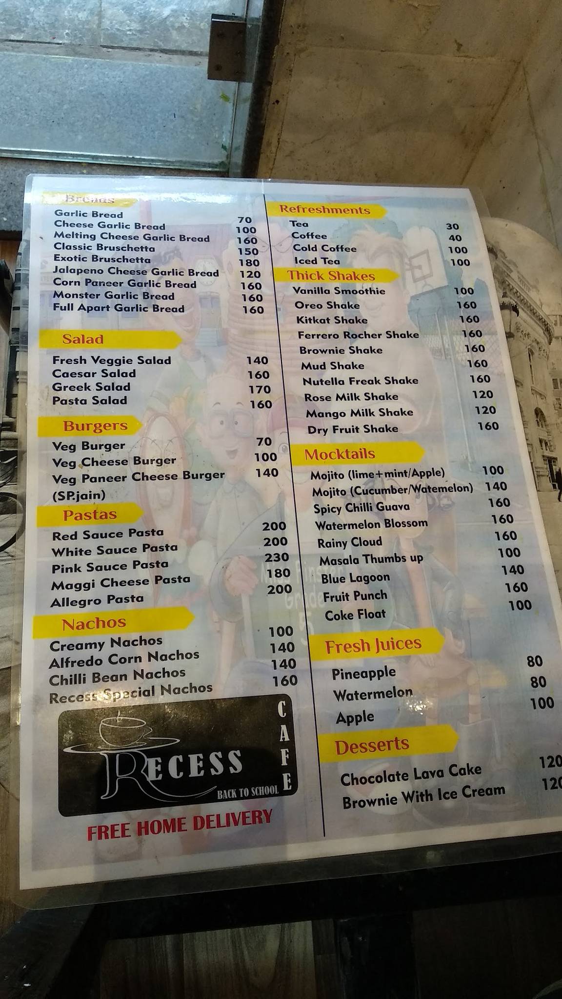 Menu at Recess cafe, Mumbai