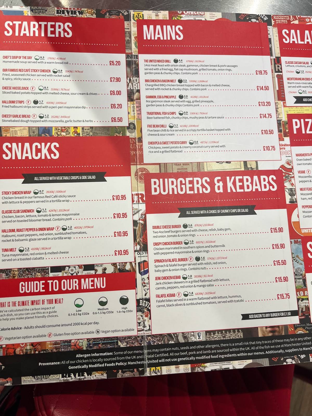 Menu at Red Café at Old Trafford cafe, Manchester, Stadium