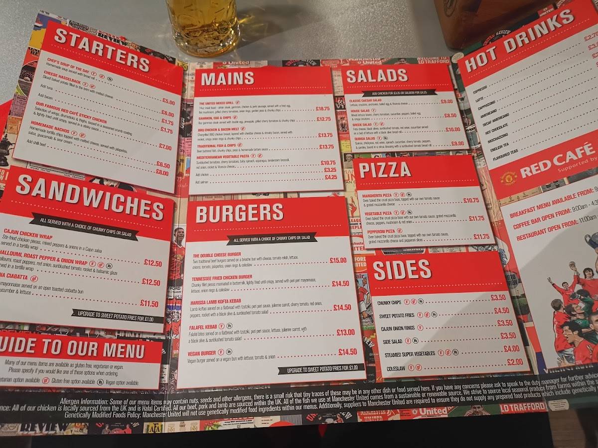 Menu at Red Café at Old Trafford cafe, Manchester, Stadium