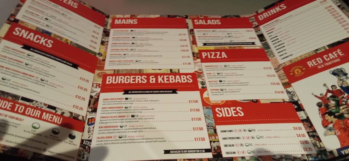 Menu at Red Café at Old Trafford cafe, Manchester, Stadium