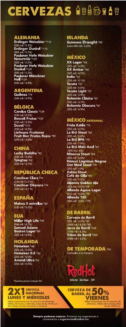 Carta del restaurante Red Hot Grill, Morelia