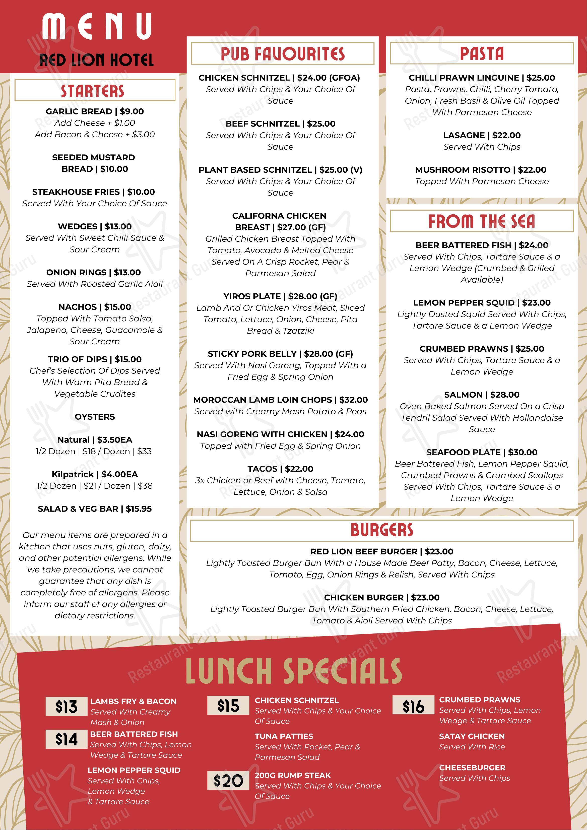 Menu at Red Lion Hotel pub & bar, Elizabeth North