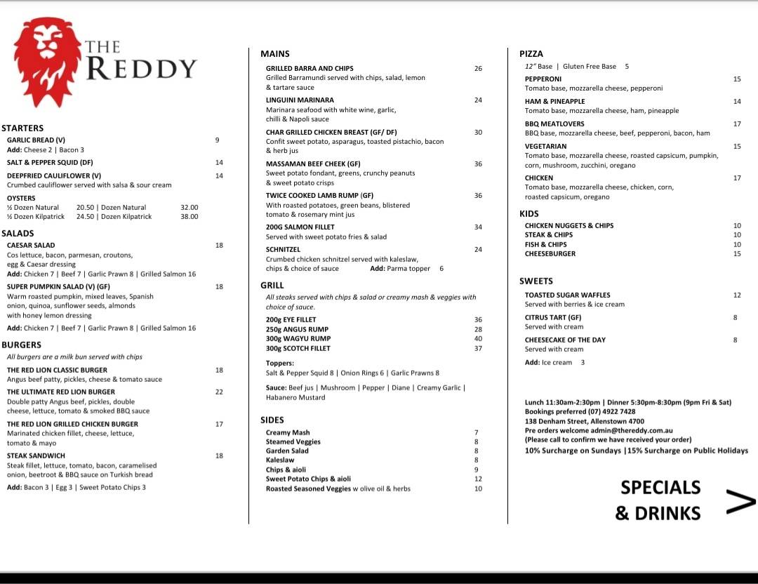 Menu at The Red Lion Hotel pub & bar, Allenstown