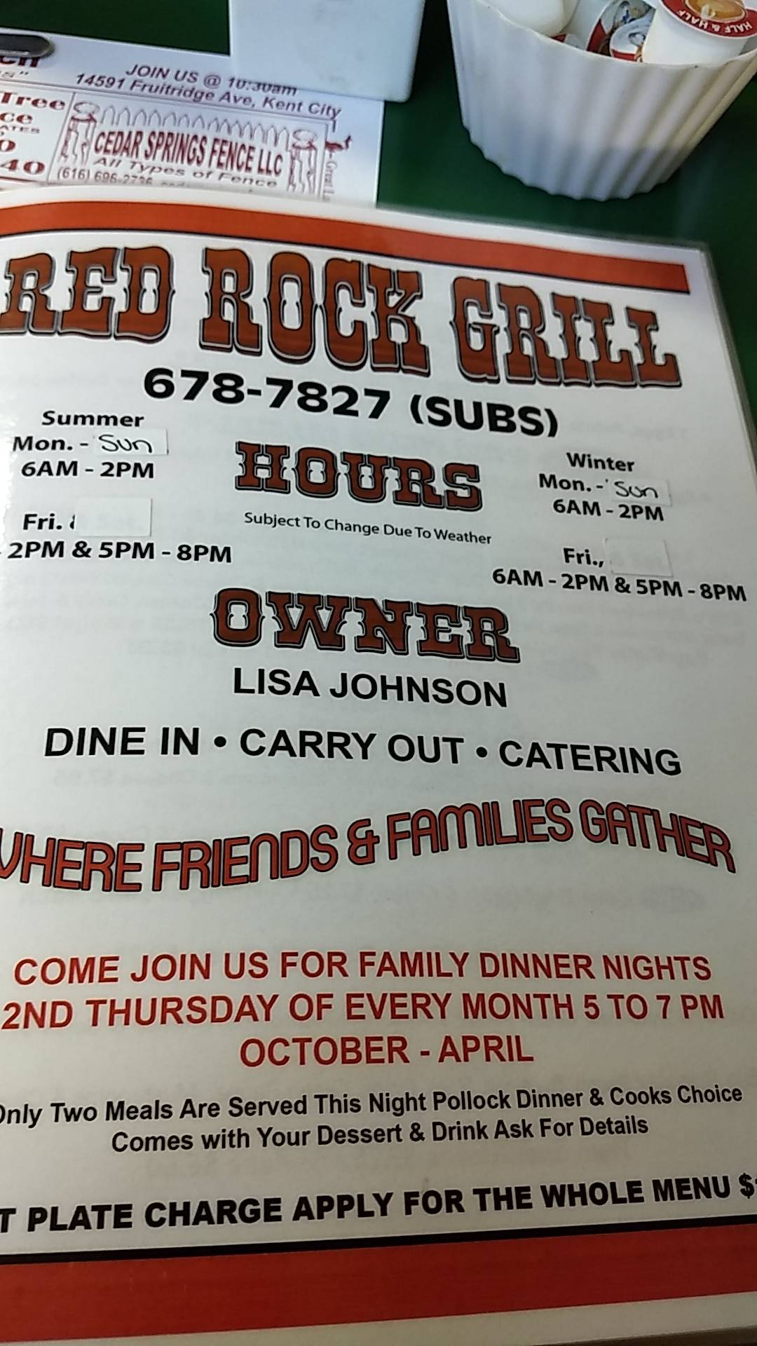 Menu at Red Rock Grille pizzeria, Kent City