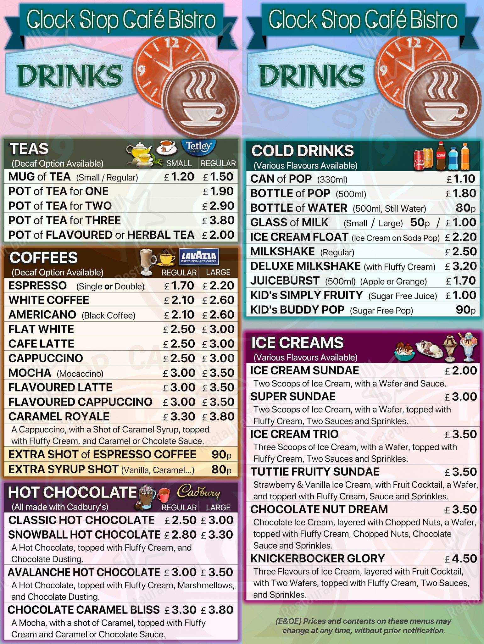 Menu at Clock Stop Cafe Bistro, Redcar, West Terrace