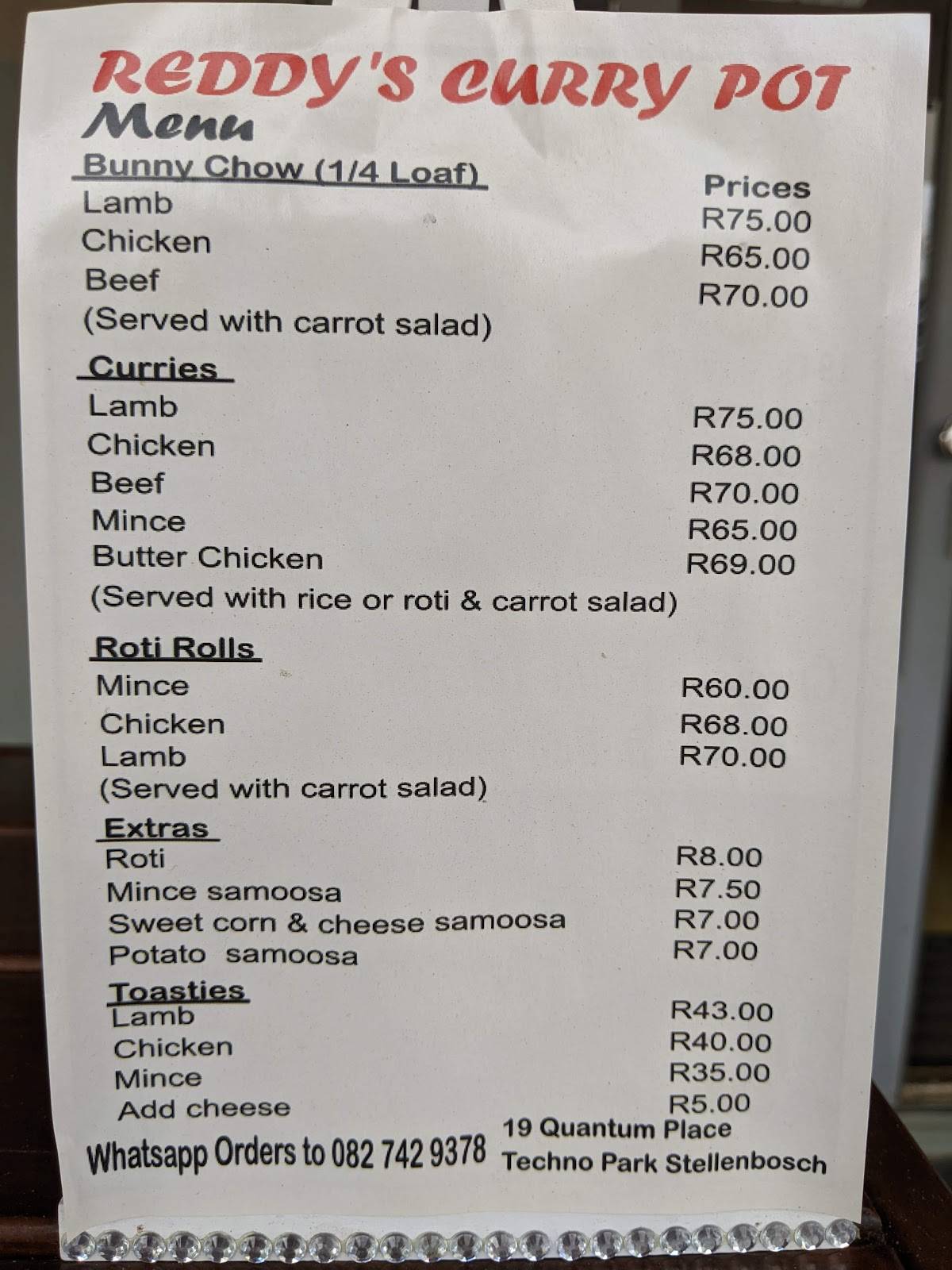 Menu at Reddy's Curry Pot restaurant, Stellenbosch
