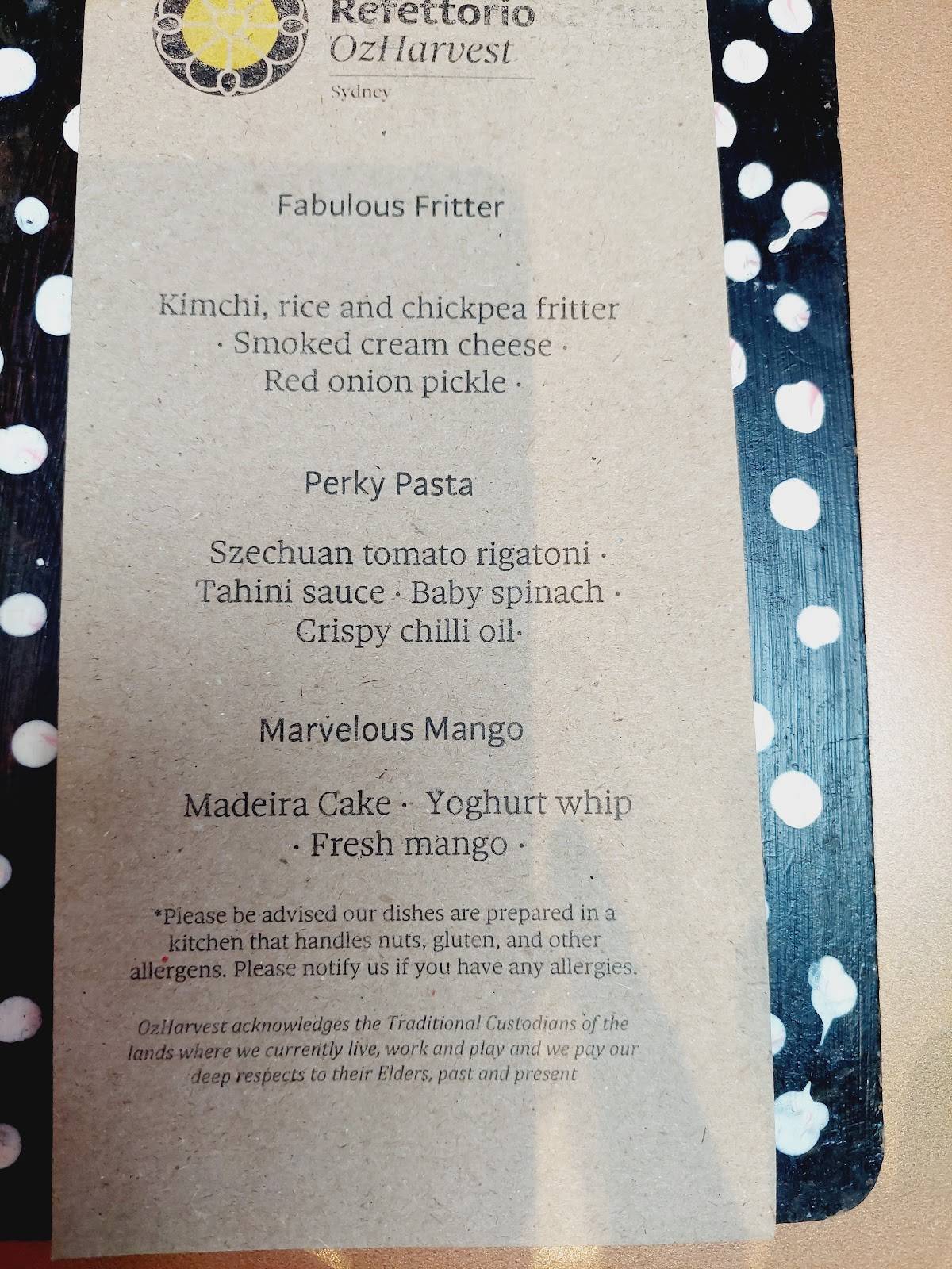 Menu at Refettorio OzHarvest Sydney restaurant, Surry Hills
