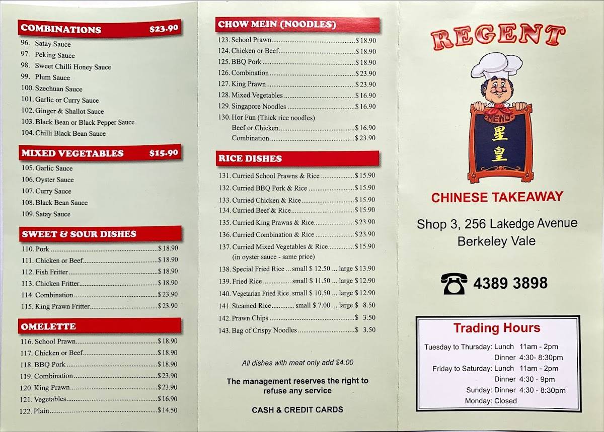 Menu at Regent Chinese Takeaway restaurant, Berkeley Vale