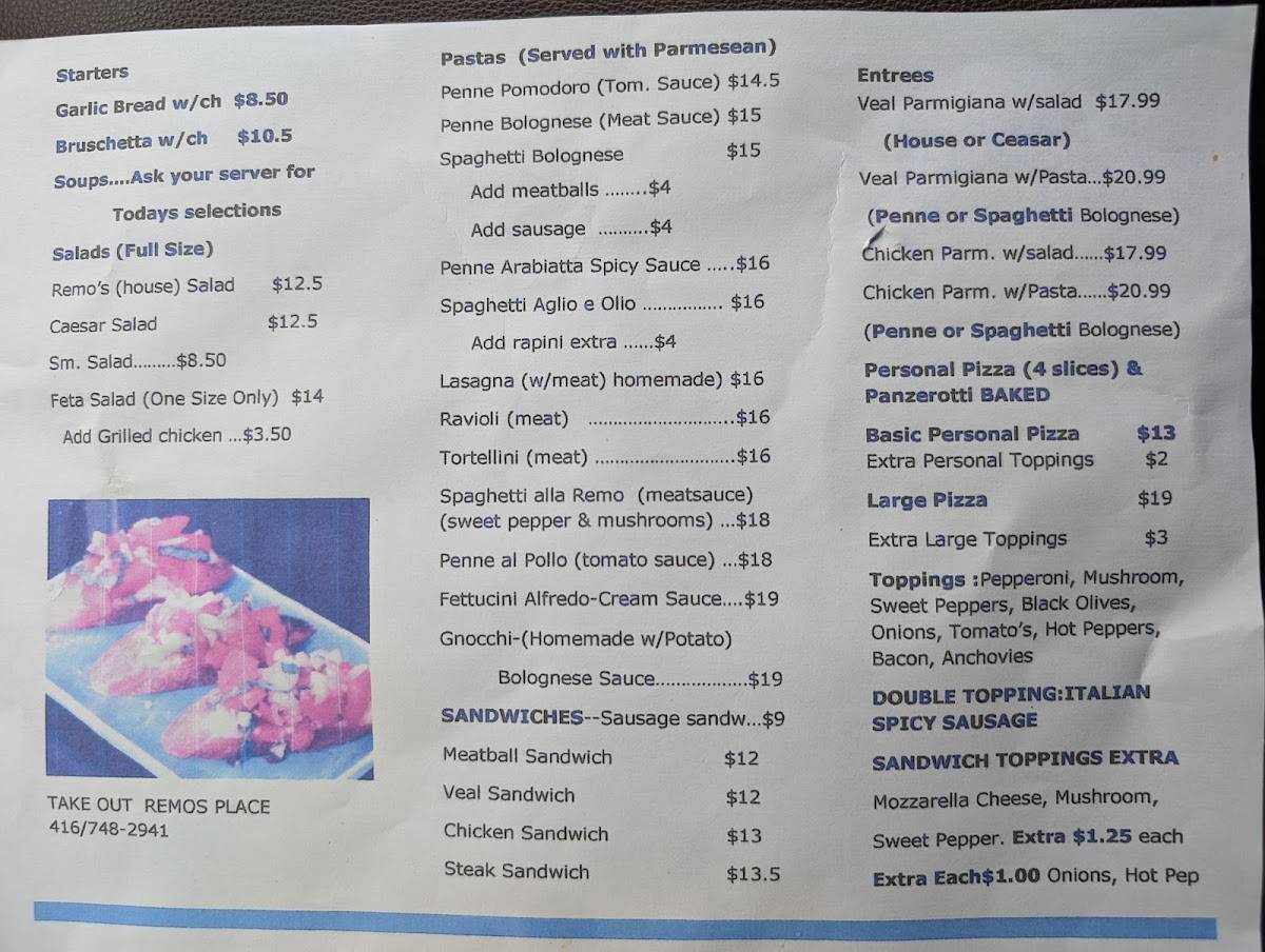 Menu at Remo's Place Ltd pizzeria, Toronto