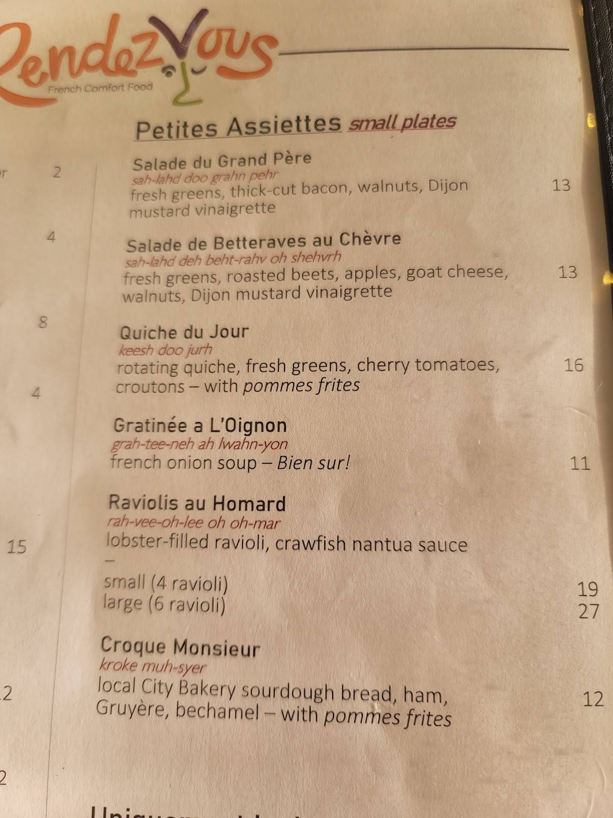 Menu at Rendezvous restaurant, Asheville