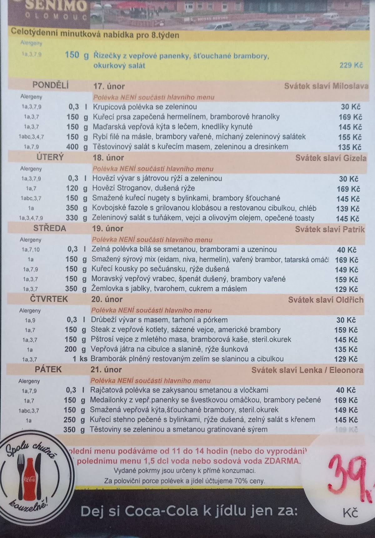 Menu at Restaurace Hotelu SENIMO restaurant, Olomouc