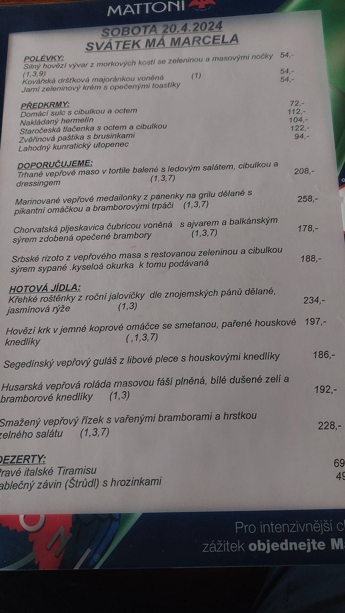 Menu at Restaurace U Bezuchů restaurant, Prague
